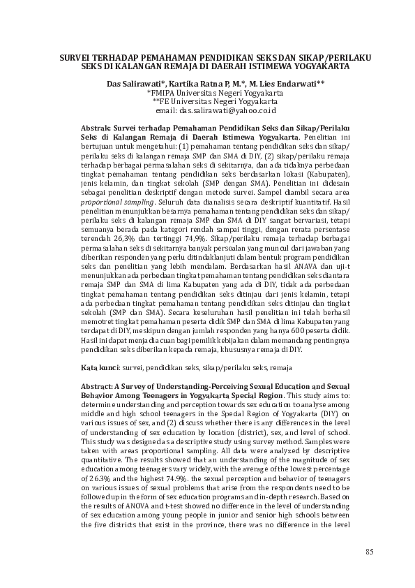 (PDF) Survei Terhadap Pemahaman Pendidikan Seks Dan Sikap/Perilaku Seks DI Kalangan Remaja DI ...