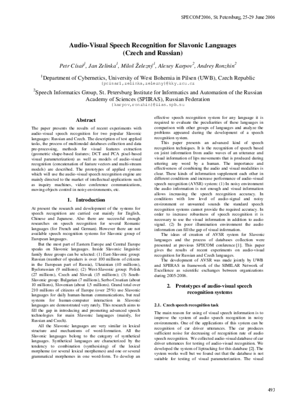 (PDF) Audio-Visual Speech Recognition for Slavonic Languages (Czech and Russian)“