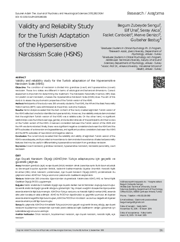 (PDF) Validity and Reliability Study for the Turkish Adaptation of the Hypersensitive Narcissism ...