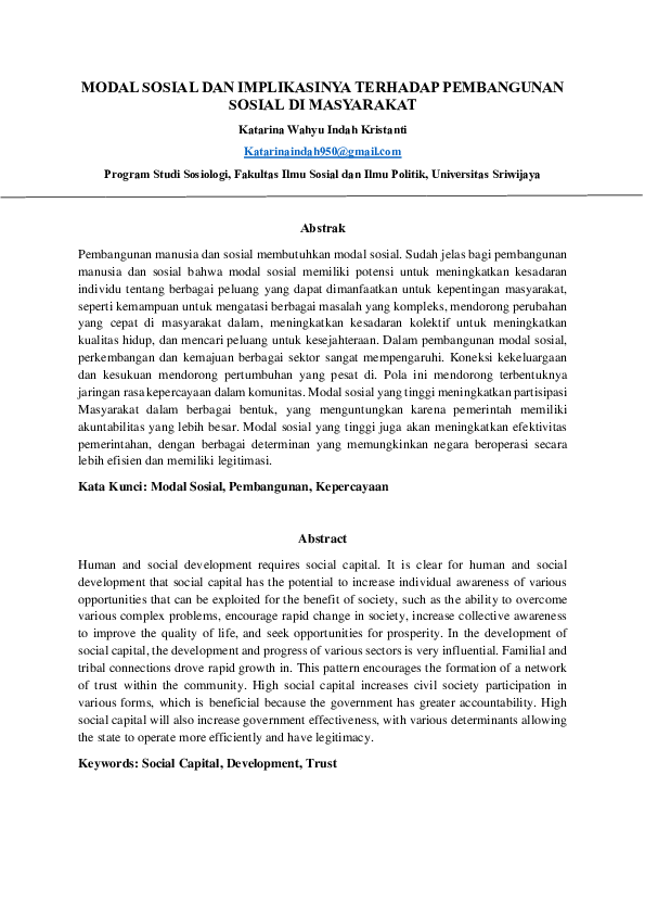 (PDF) MODAL SOSIAL DAN IMPLIKASINYA TERHADAP PEMBANGUNAN SOSIAL DI ...
