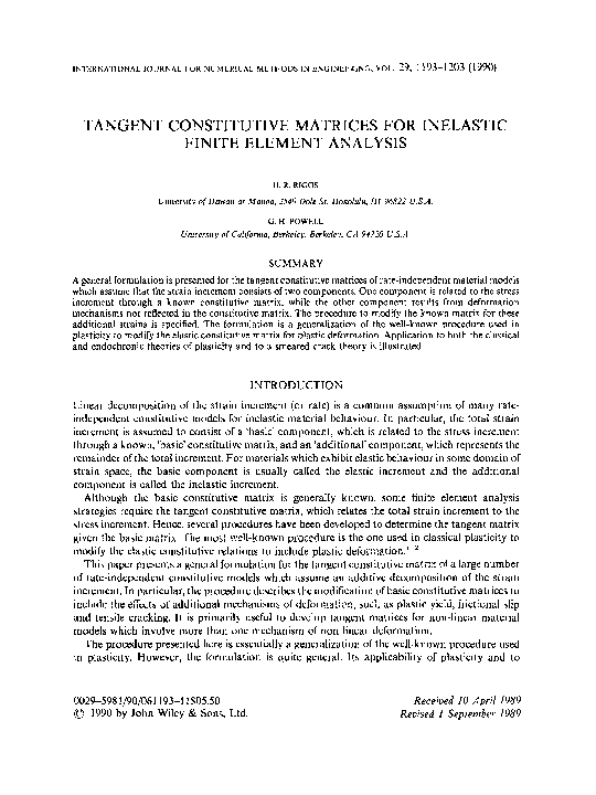 (PDF) Tangent constitutive matrices for inelastic finite element analysis