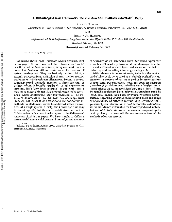 (PDF) Reply: A knowledge-based framework for construction methods selection