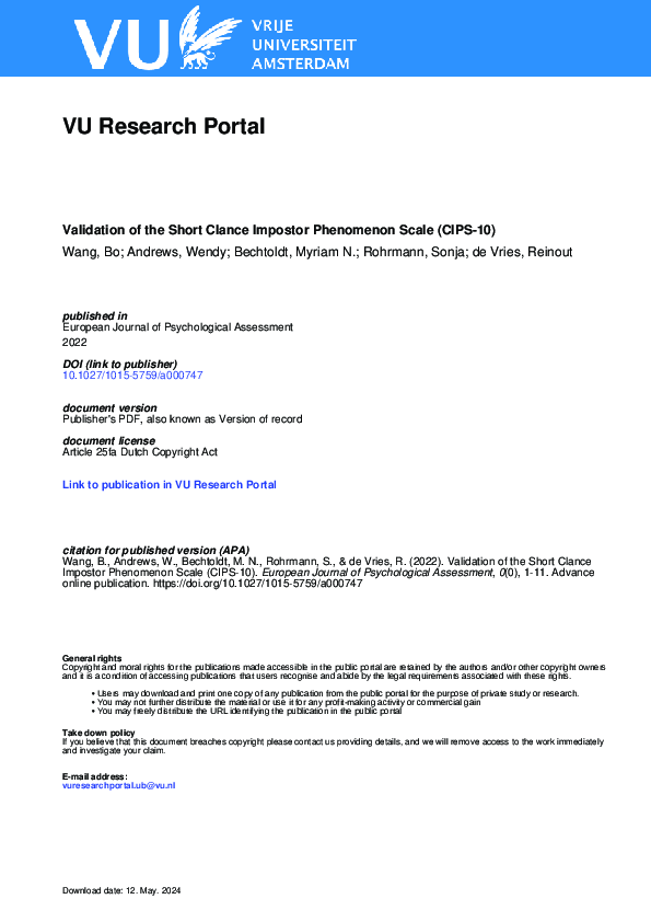 (PDF) Validation of the Short Clance Impostor Phenomenon Scale (CIPS-10)