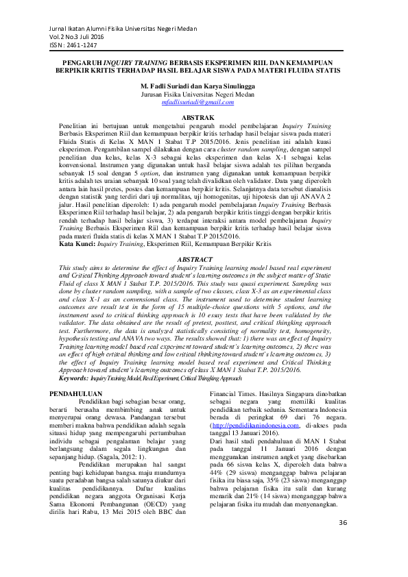 (PDF) Pengaruh Inquiry Training Berbasis Eksperimen Riil Dan Kemampuan Berpikir Kritis Terhadap ...