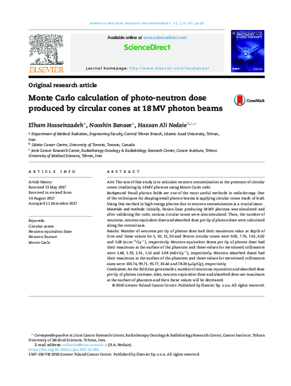 (PDF) Monte Carlo calculation of photo-neutron dose produced by circular cones at 18 MV photon ...