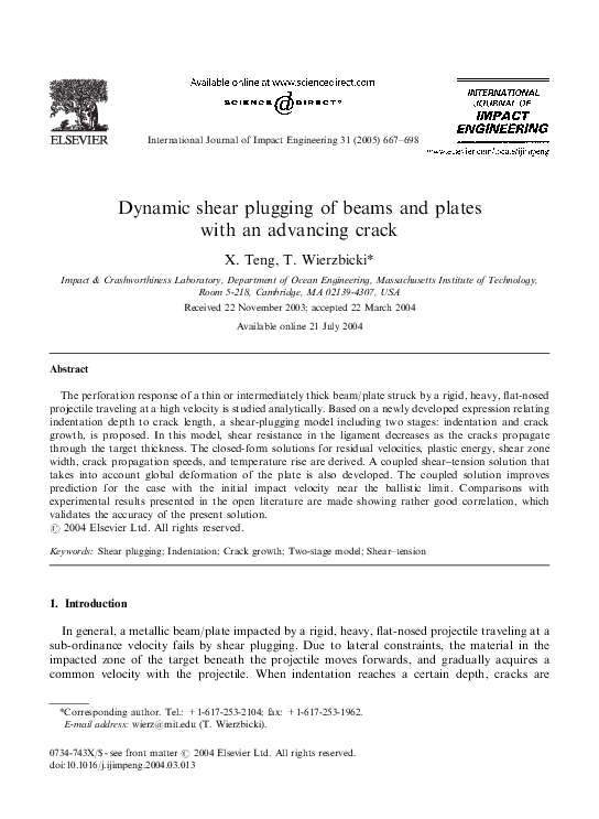 (PDF) Dynamic shear plugging of beams and plates with an advancing crack