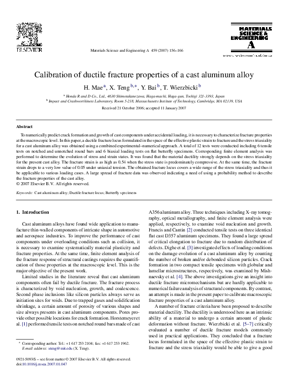 Pdf Calibration Of Ductile Fracture Properties Of Two Cast Aluminum