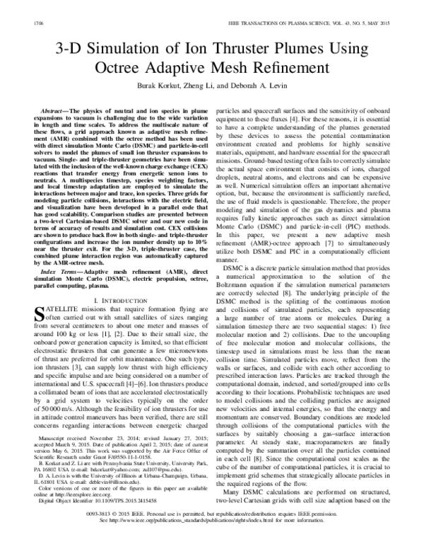 Pdf 3 D Simulation Of Ion Thruster Plumes Using Octree Adaptive Mesh Refinement