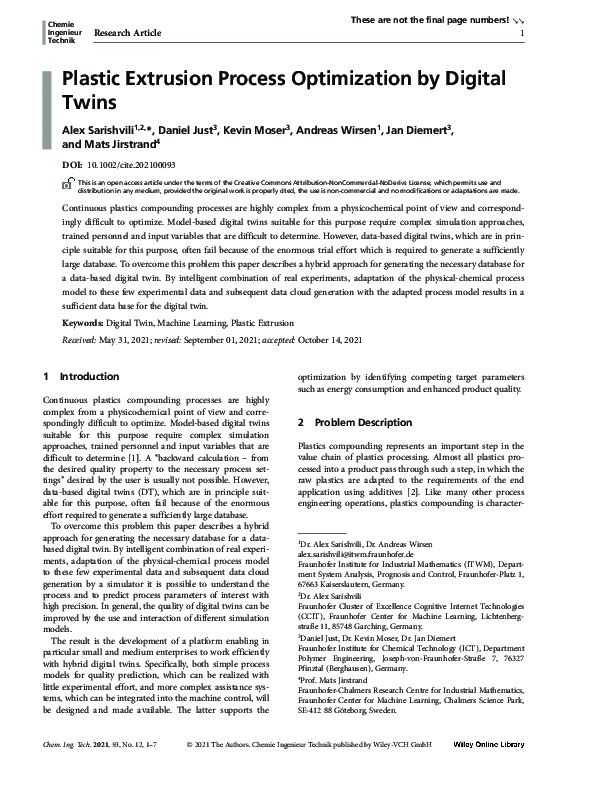 (PDF) Plastic Extrusion Process Optimization by Digital Twins