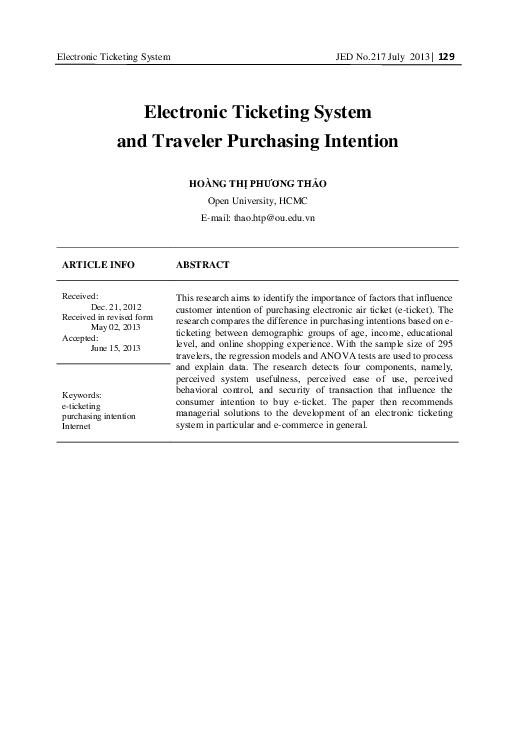 (PDF) Electronic Ticketing System and Traveler Purchasing Intention