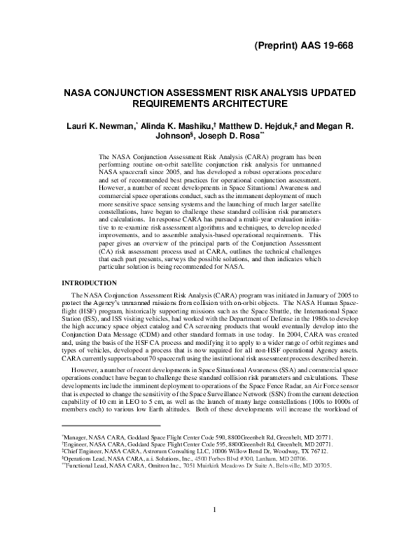 (PDF) Nasa Conjunction Assessment Risk Analysis Updated Requirements ...