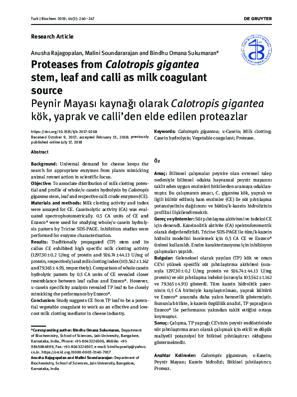 (PDF) Proteases from Calotropis gigantea stem, leaf and calli as milk coagulant source