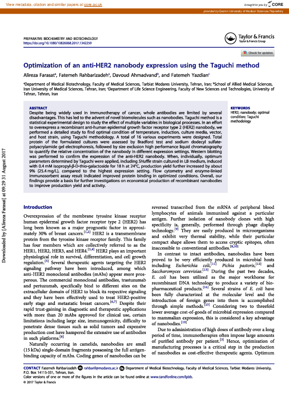 (PDF) Optimization of an anti-HER2 nanobody expression using the Taguchi method