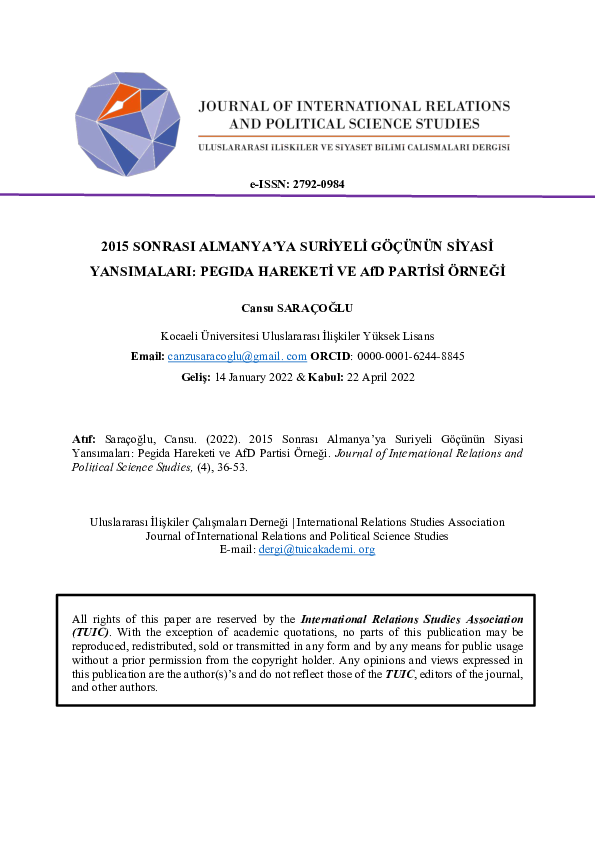 (PDF) POLITICAL REFLECTIONS OF SYRIAN MIGRATION TO GERMANY AFTER 2015 ...