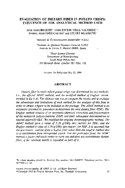 (PDF) Evaluation of Dietary Fiber in Potato Crisps: Influence of the ...