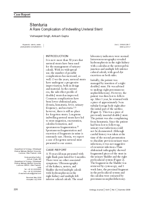 (PDF) Stenturia: a rare complication of indwelling ureteral stent