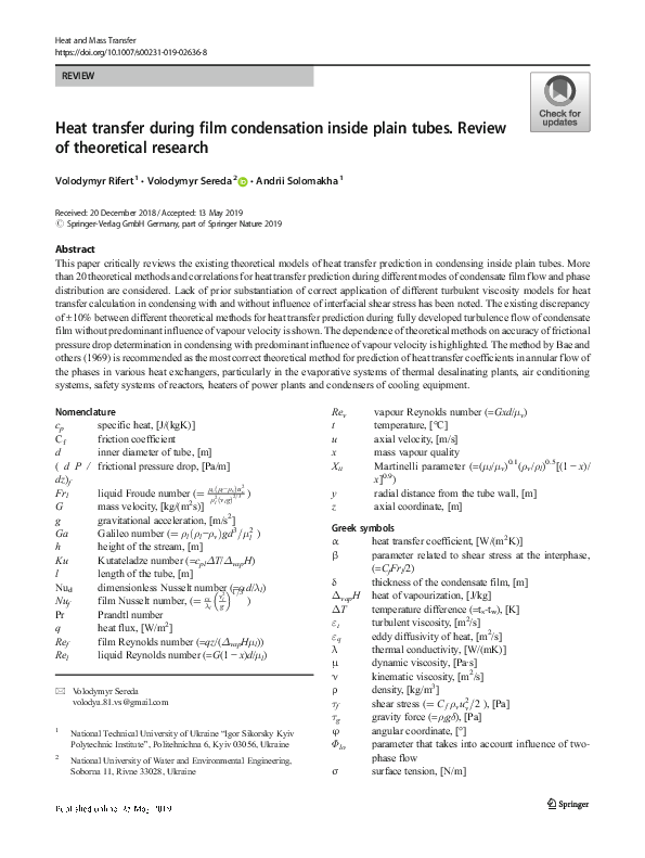 (PDF) Heat transfer during film condensation inside horizontal tubes in ...