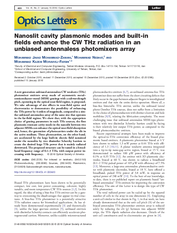 (PDF) Nanoslit cavity plasmonic modes and built-in fields enhance the CW THz radiation in an ...