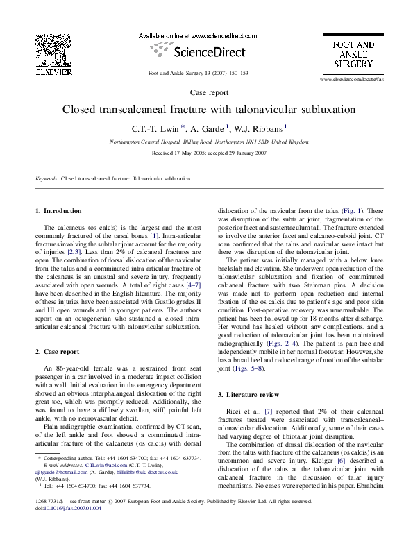 (PDF) Closed transcalcaneal fracture with talonavicular subluxation