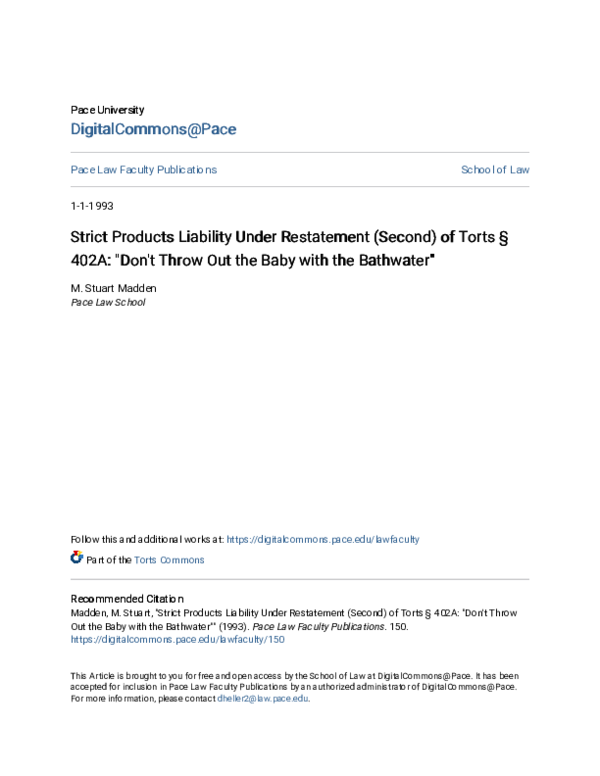 (PDF) Strict Products Liability Under Restatement (Second) of Torts ...
