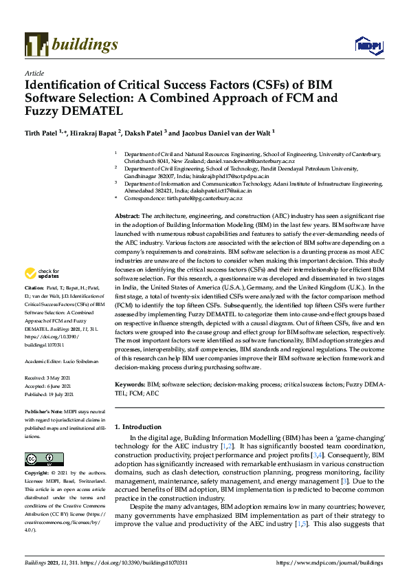 (PDF) Identification of Critical Success Factors (CSFs) of BIM Software Selection: A Combined ...