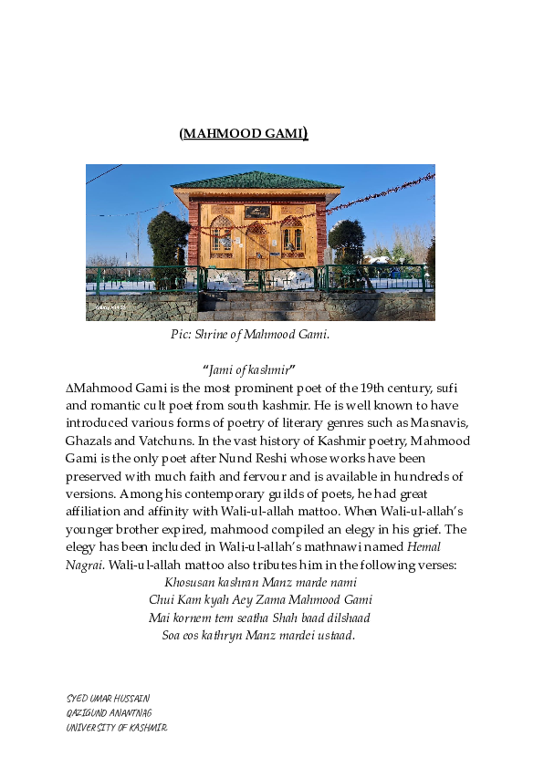 (PDF) Kashmir's mystic poet/Mahmood Gami(Jami of Kashmir)
