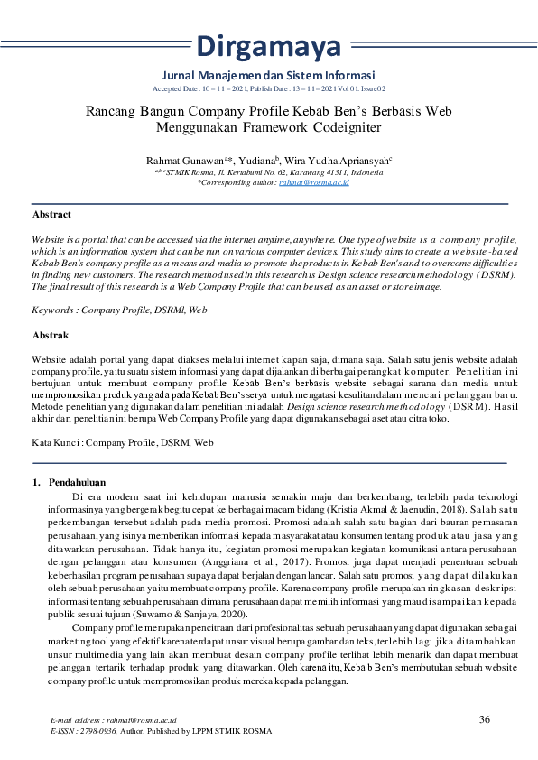 (PDF) Rancang Bangun Company Profile Kebab Ben’s Berbasis Web Menggunakan Framework Codeigniter