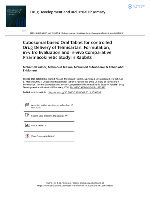 Pdf Cubosomal Based Oral Tablet For Controlled Drug Delivery Of Telmisartan Formulation In