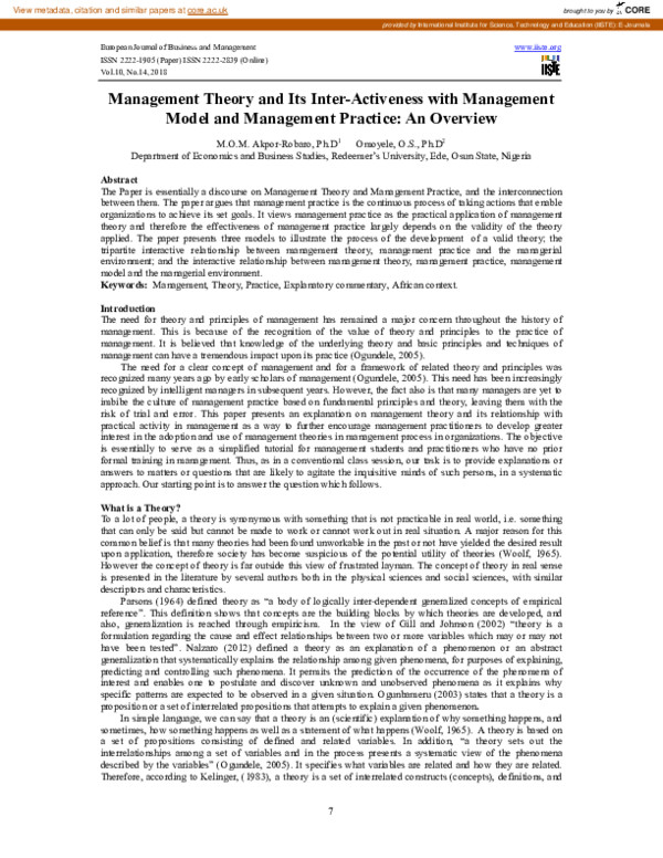 (PDF) Management Theory and Its Inter-Activeness with Management Model ...