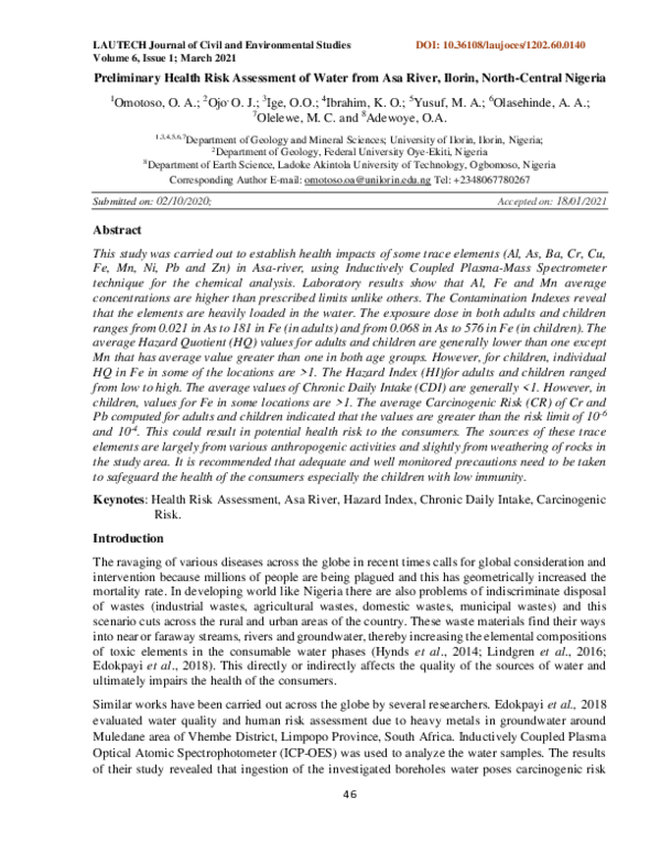 (PDF) Preliminary Health Risk Assessment of Water from Asa River ...