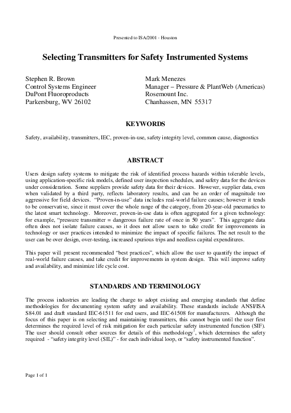 (PDF) Selecting Transmitters for Safety Instrumented Systems