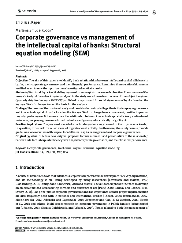 (PDF) Corporate governance vs management of the intellectual capital of banks: Structural ...
