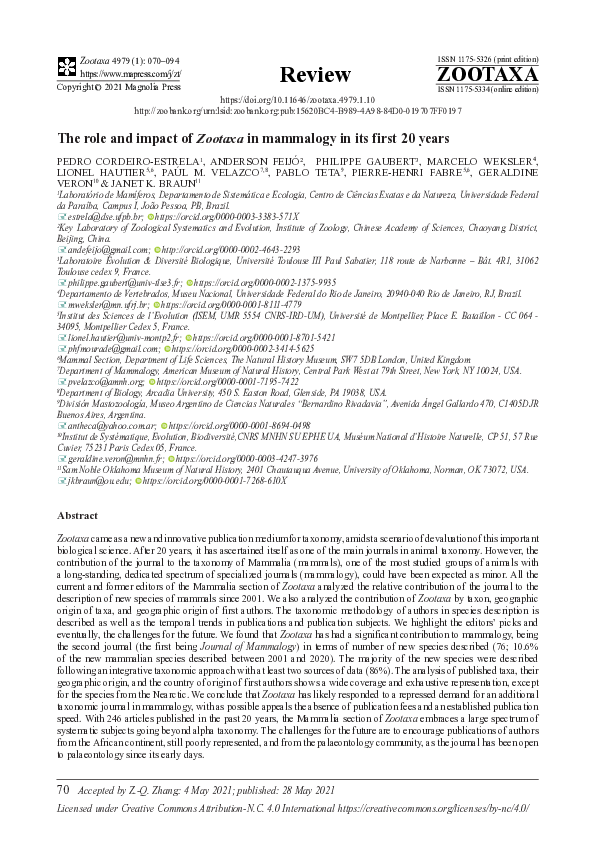 (PDF) The role and impact of Zootaxa in mammalogy in its first 20 years