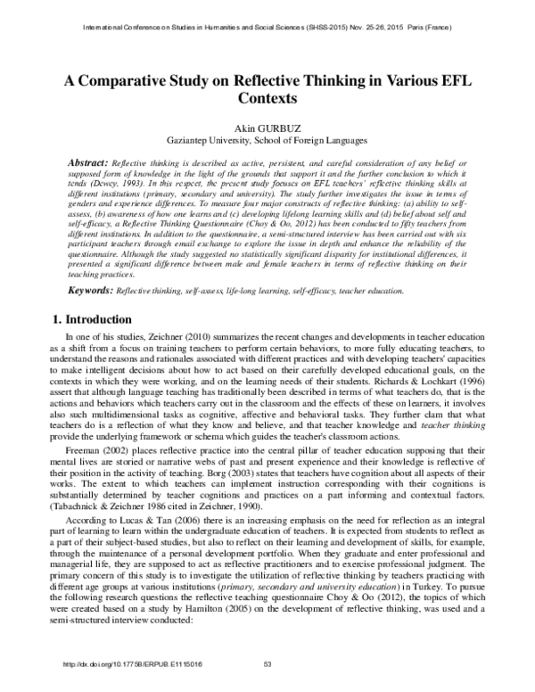 (PDF) Reflective Thinking in EFL Teaching Contexts