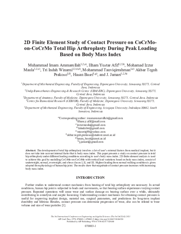 (PDF) 2D finite element study of contact pressure on CoCrMo-on-CoCrMo total hip arthroplasty ...