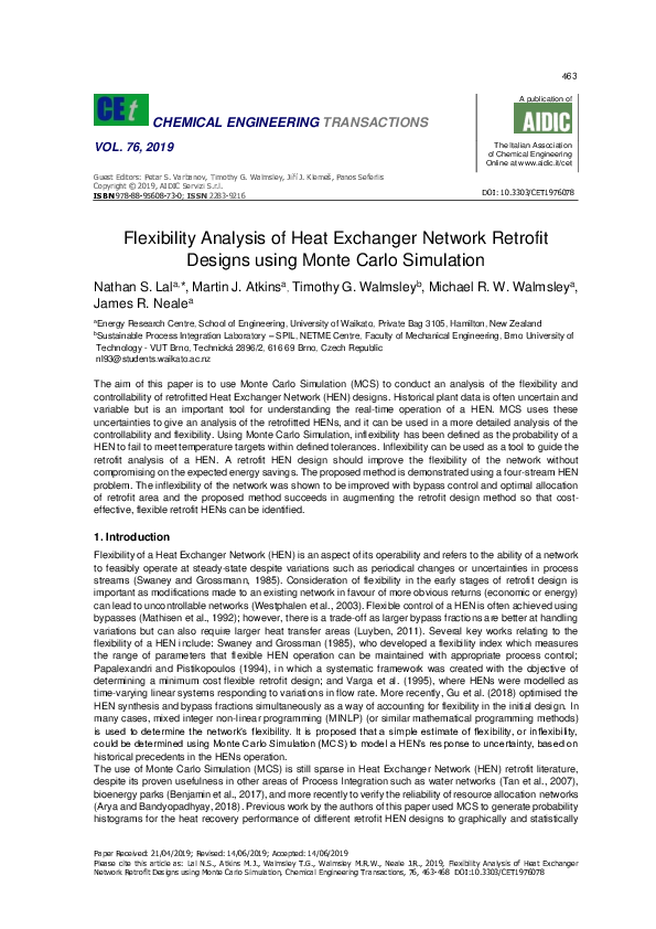 (PDF) Flexibility Analysis of Heat Exchanger Network Retrofit Designs using Monte Carlo Simulation