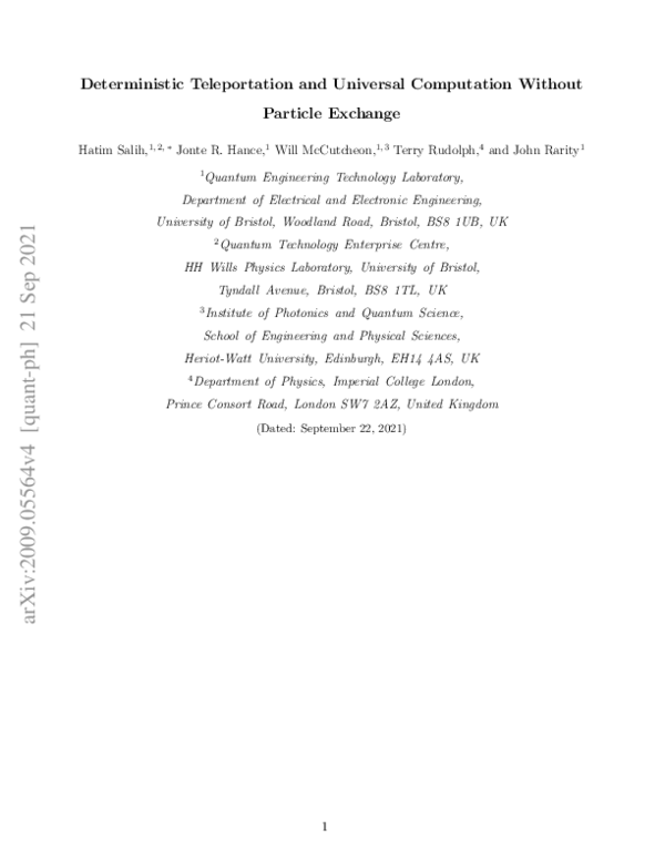 (PDF) Deterministic Teleportation and Universal Computation Without Particle Exchange