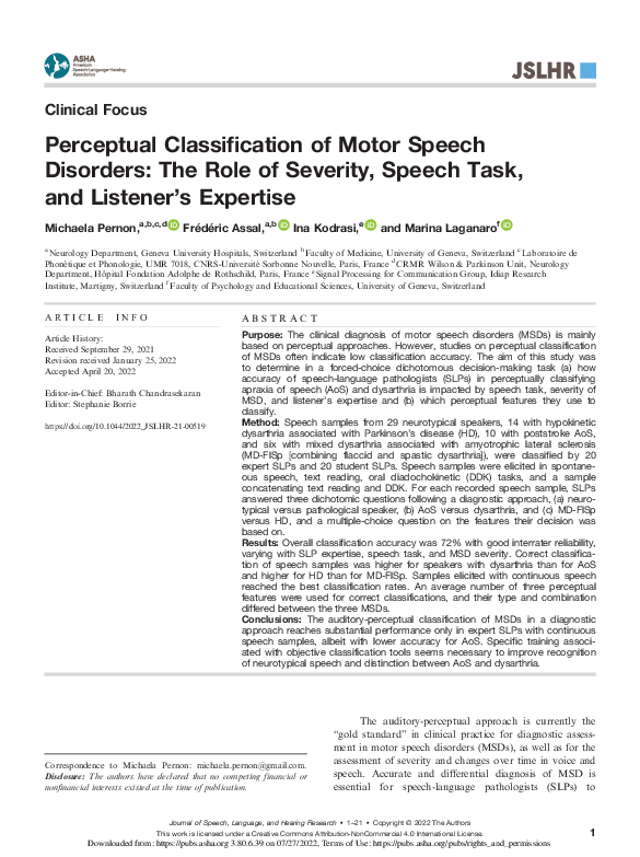 (PDF) Perceptual Classification of Motor Speech Disorders: The Role of ...