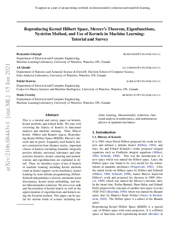 (PDF) Reproducing Kernel Hilbert Space, Mercer's Theorem, Eigenfunctions, Nyström Method, and ...