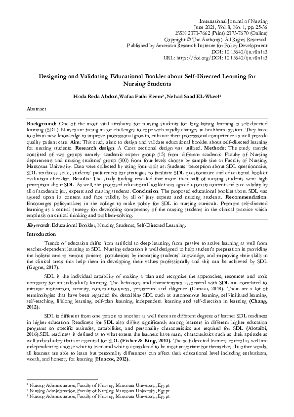(PDF) Designing and Validating Educational Booklet about Self-Directed Learning for Nursing Students