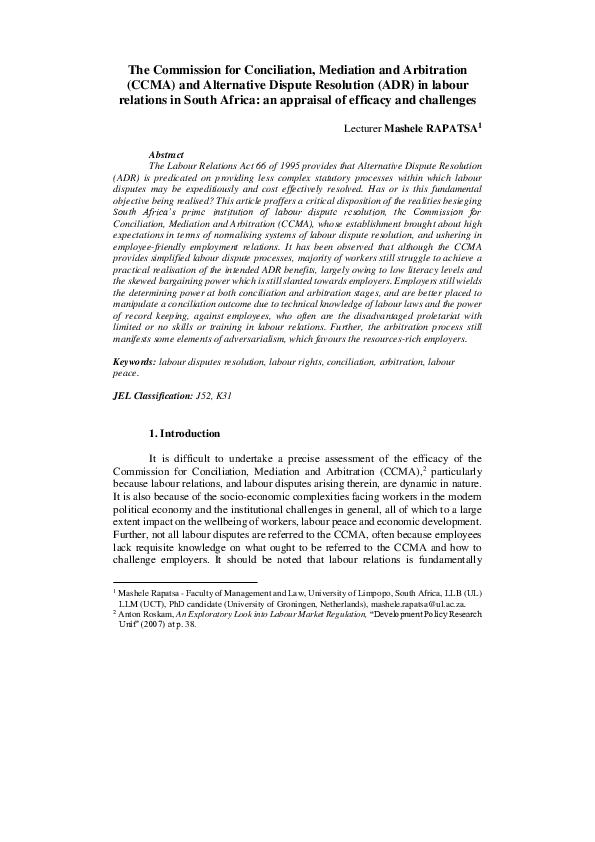 (PDF) The Commission for Conciliation, Mediation and Arbitration (CCMA ...