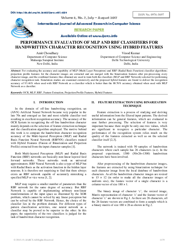 (PDF) Performance Evaluation of MLP and RBF Classifiers for Handwritten ...