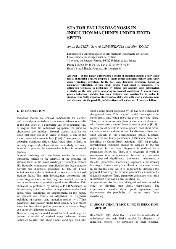 (PDF) Stator faults diagnosis in induction machines under fixed speed (PDF) Stator faults diagnosis in induction machines under fixed speed