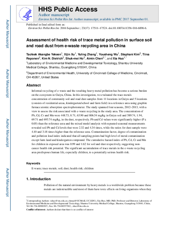 (PDF) Assessment of health risk of trace metal pollution in surface ...