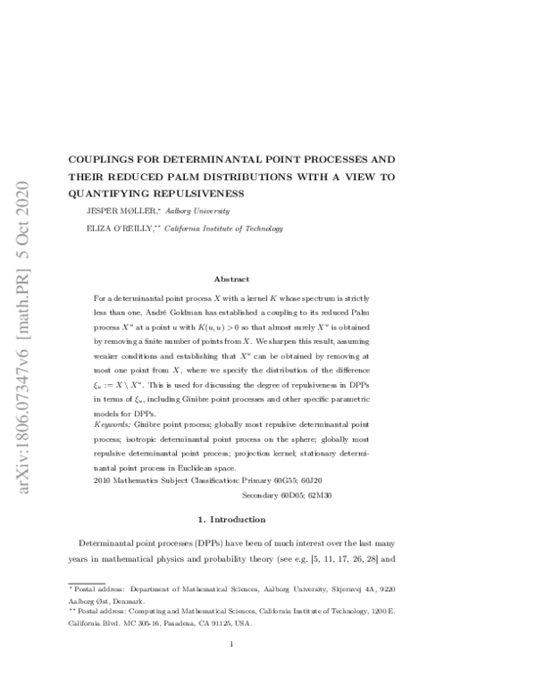 (PDF) Couplings for determinantal point processes and their reduced Palm distributions with a ...