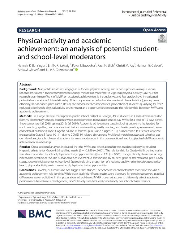 (PDF) Physical activity and academic achievement: an analysis of ...