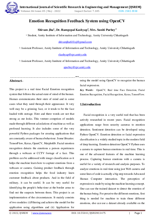 (PDF) Emotion Recognition Feedback System using OpenCV