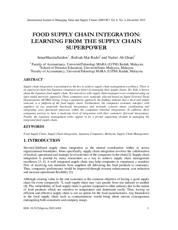 (PDF) Food Supply Chain Integration: Learning from the Supply Chain ...