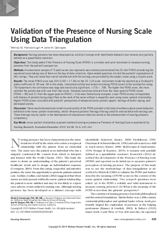 Validation of the Presence of Nursing Scale Using Data Triangulation