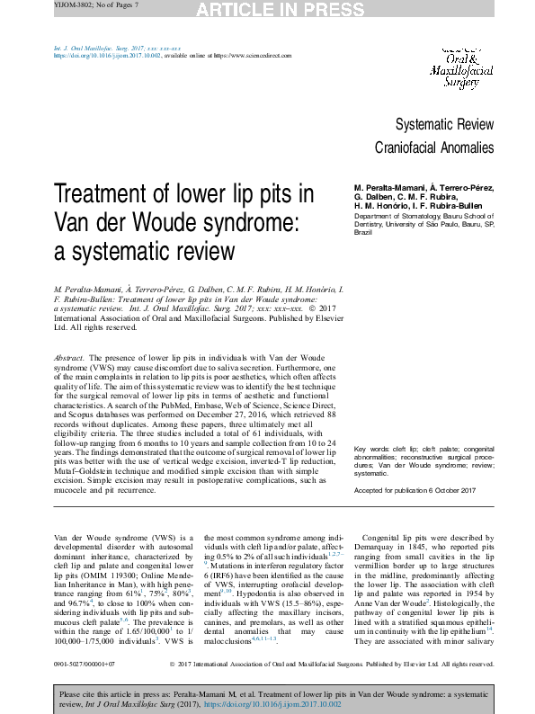 (PDF) Treatment of lower lip pits in Van der Woude syndrome: a ...